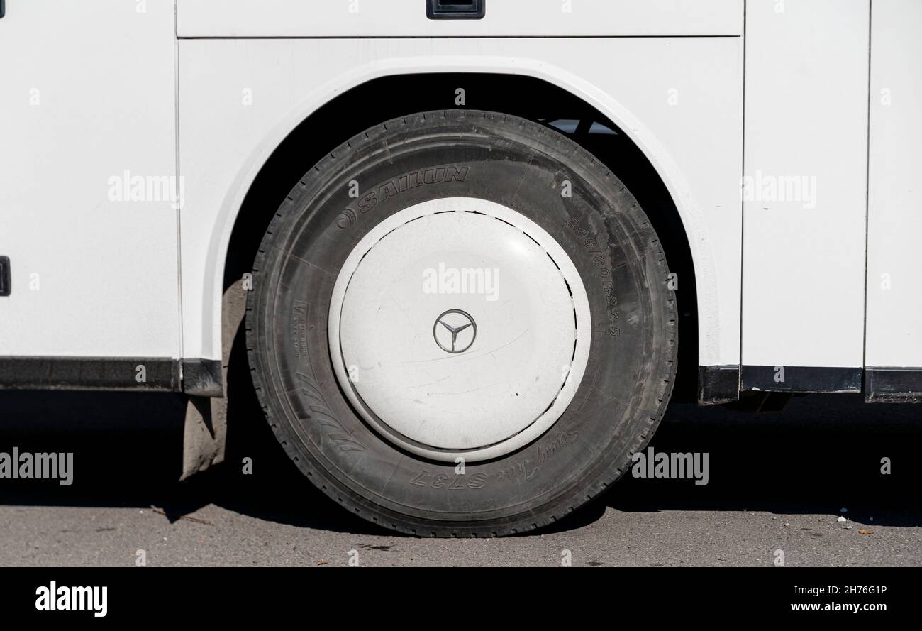 Close up of the lower part and wheel of Mercedes-Benz tourist bus Stock ...