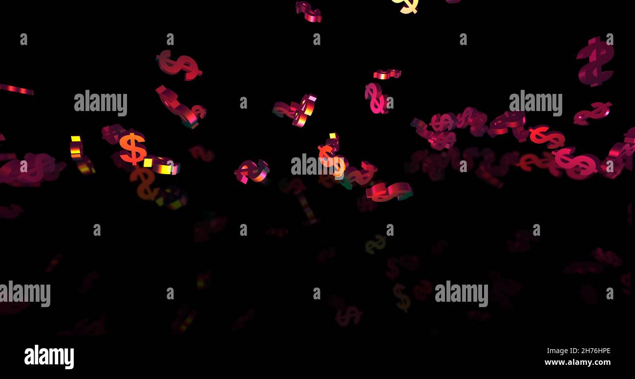 Golden 3d dollar symbols falling in neon lights falling. Finance event ...