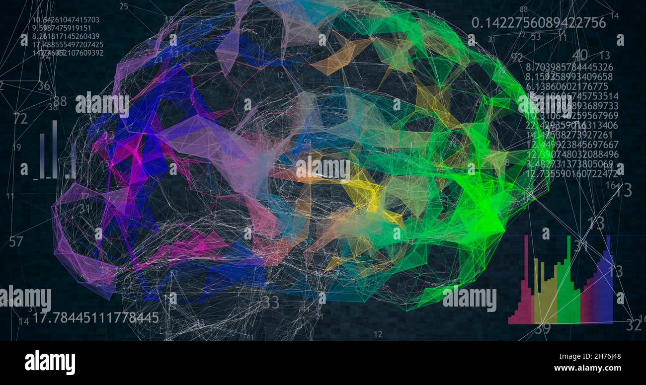 low polygonal brain 3D model on black background with animated numbers ...