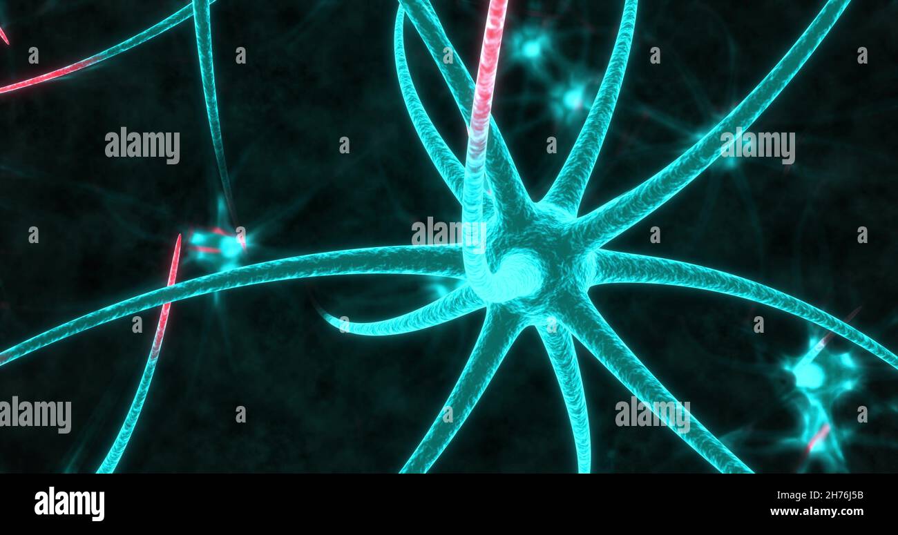 Neon neuron cells on the black background. 3D illustration Stock Photo ...