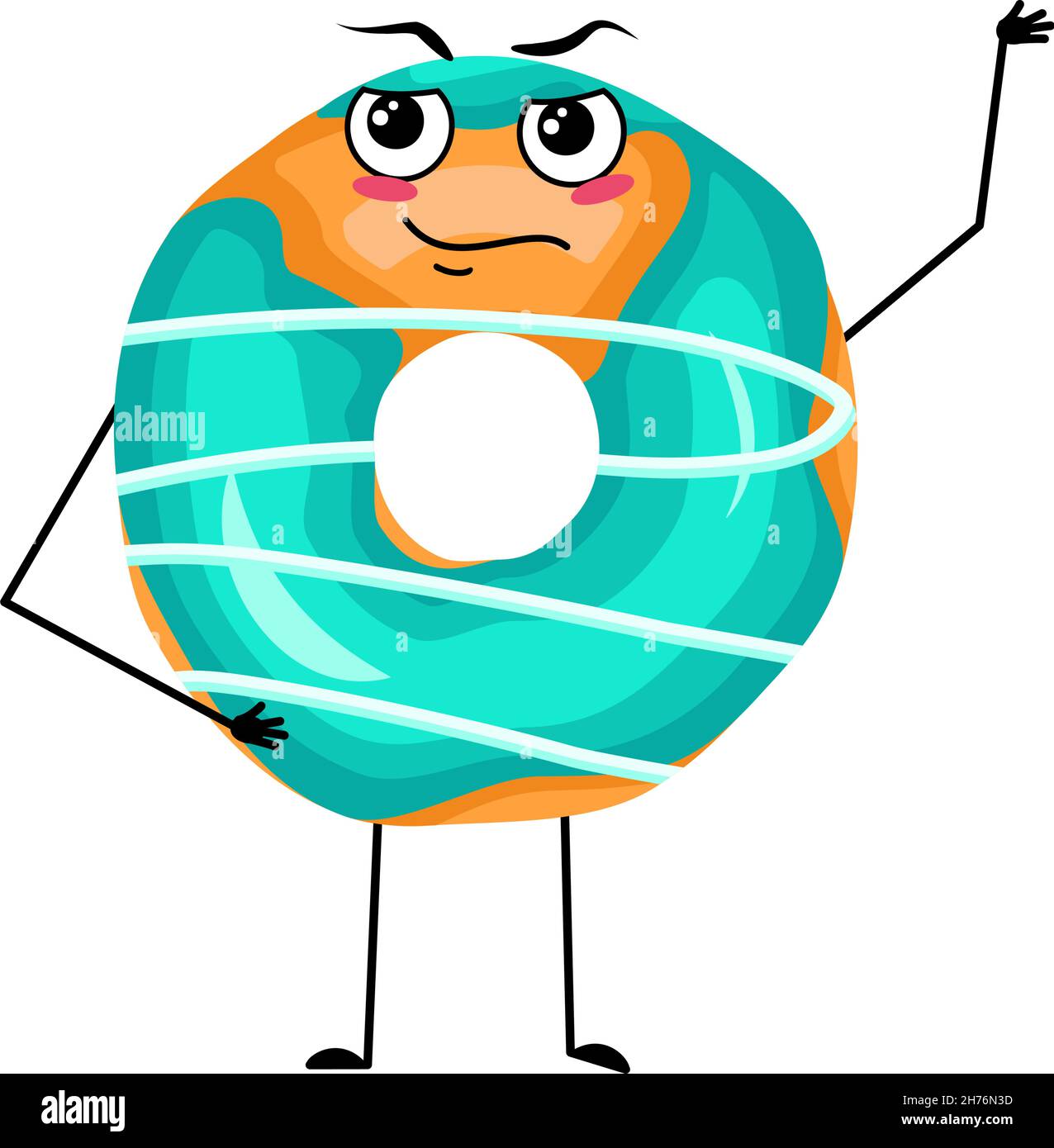 Cute glazed donut character with emotions of a hero, a brave face, arms ...