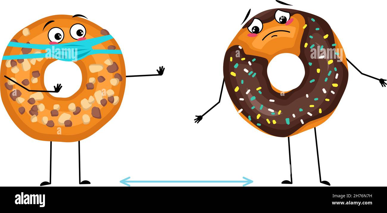 Cute glazed donut character with sad emotions, face and mask keep ...