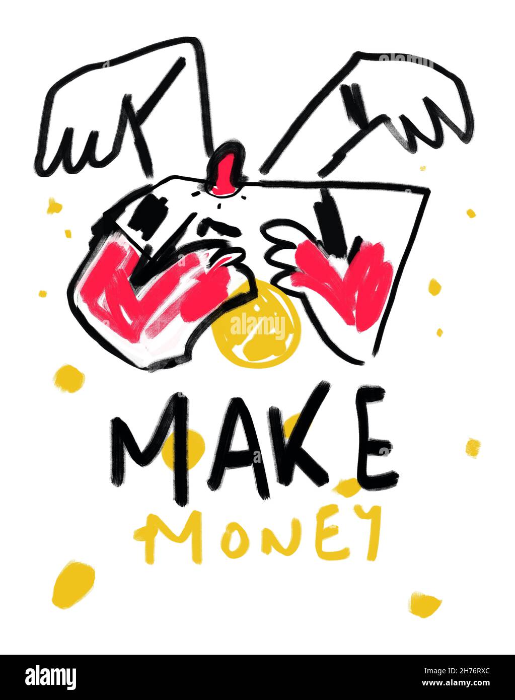 Parody make money with arms raised and full of coins falling from the ...