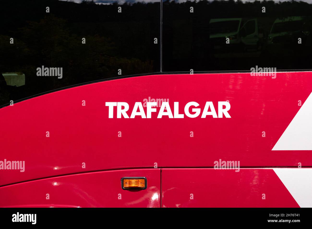 Trafalgar sign, logo on the side of tour bus operated by Trafalgar ...