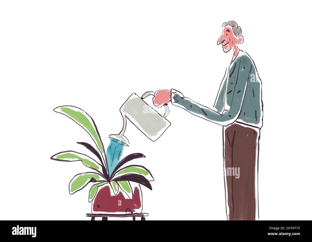 Happy sixty year old man calmly arose his bushy plant, garden and ...