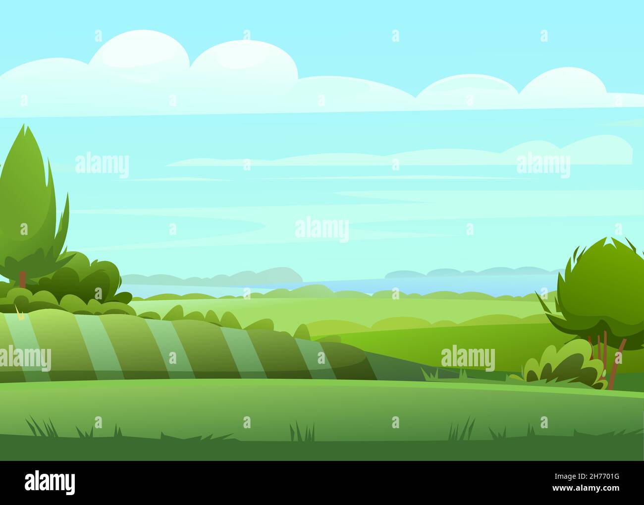 Rural landscape. Horizontal village nature illustration. Cute country ...