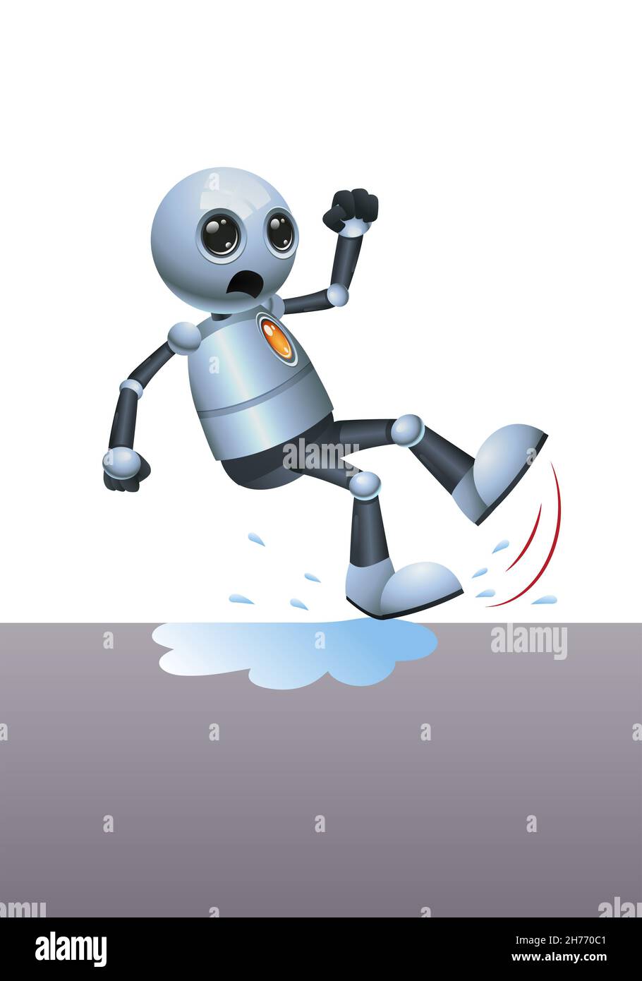 illustration of a little robot slip on wet floor on isolated white ...
