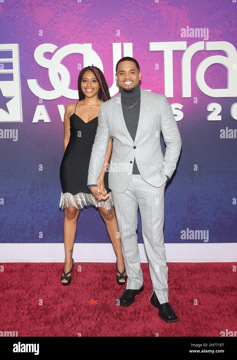 Christina Wilds and Mack Wilds attend the 2021 SOUL TRAIN AWARDS ...