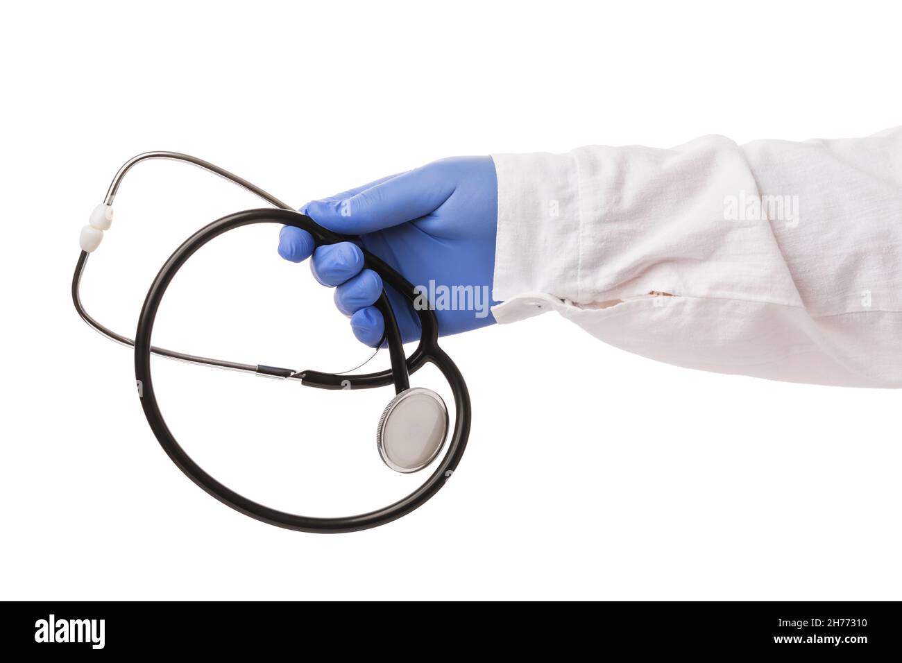 Doctor hands over a medical statoscope isolated on white background ...