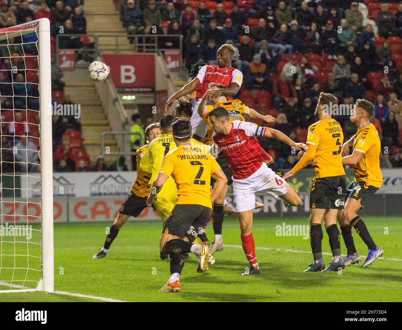 Freddie Ladapo #10 of Rotherham United jumps up to head the ball into ...