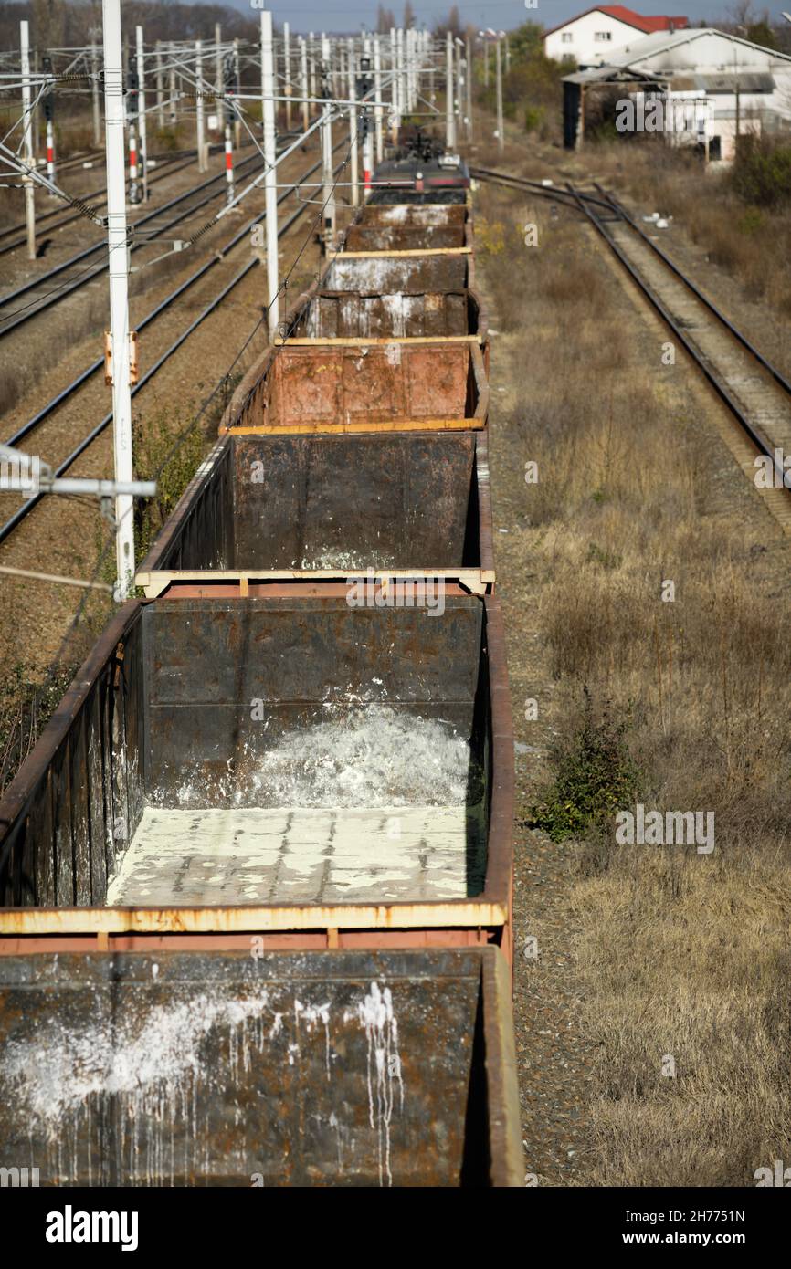 Empty old freight train wagons and in a station Stock Photo - Alamy
