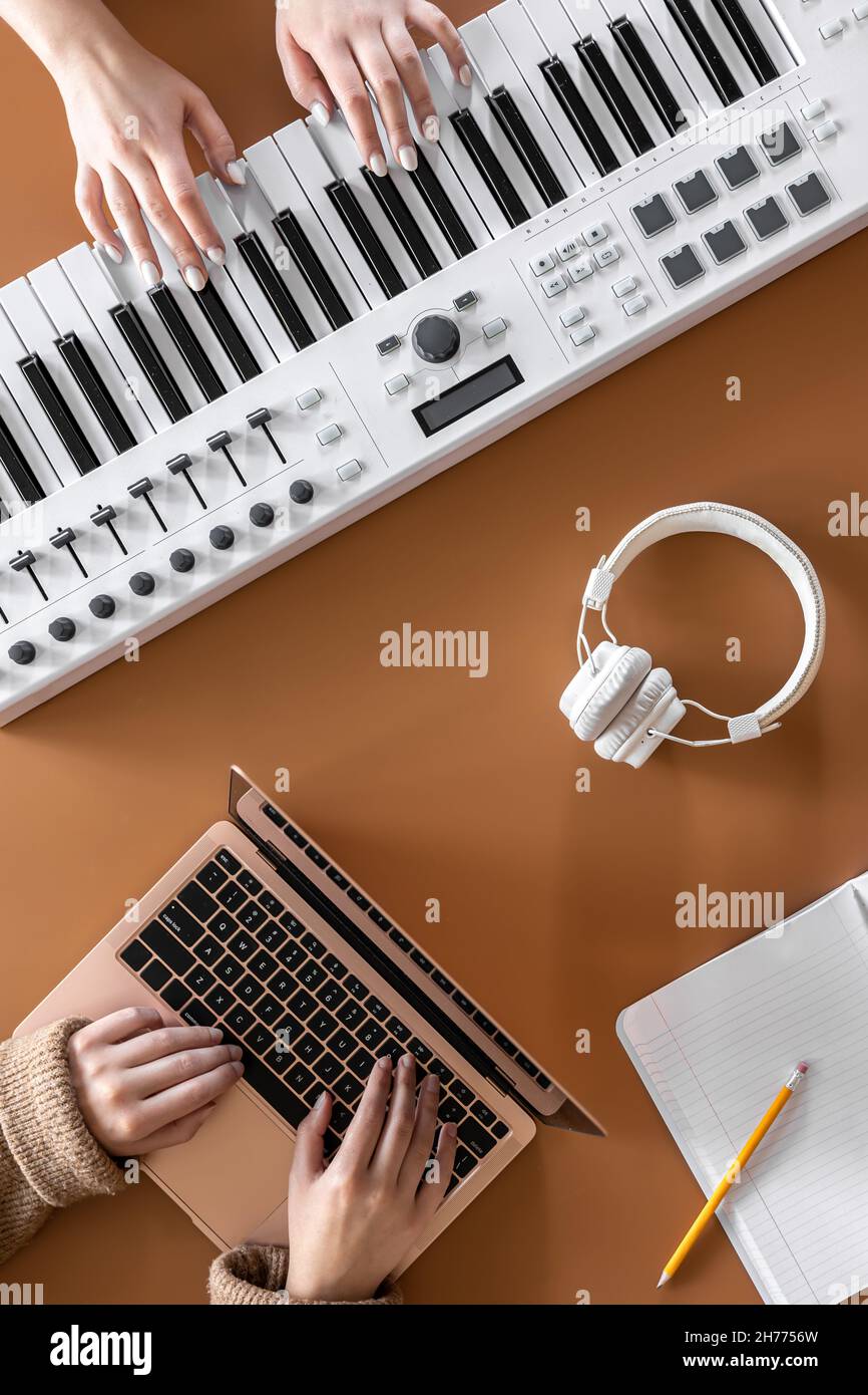 Musical flat lay background, music creation concept Stock Photo - Alamy