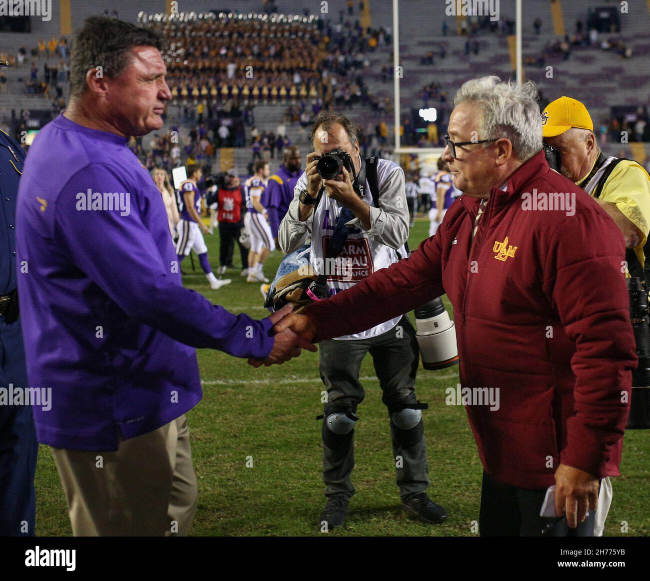 November 20, 2021: LSU head coach Ed Orgeron and ULM head coach Terry ...