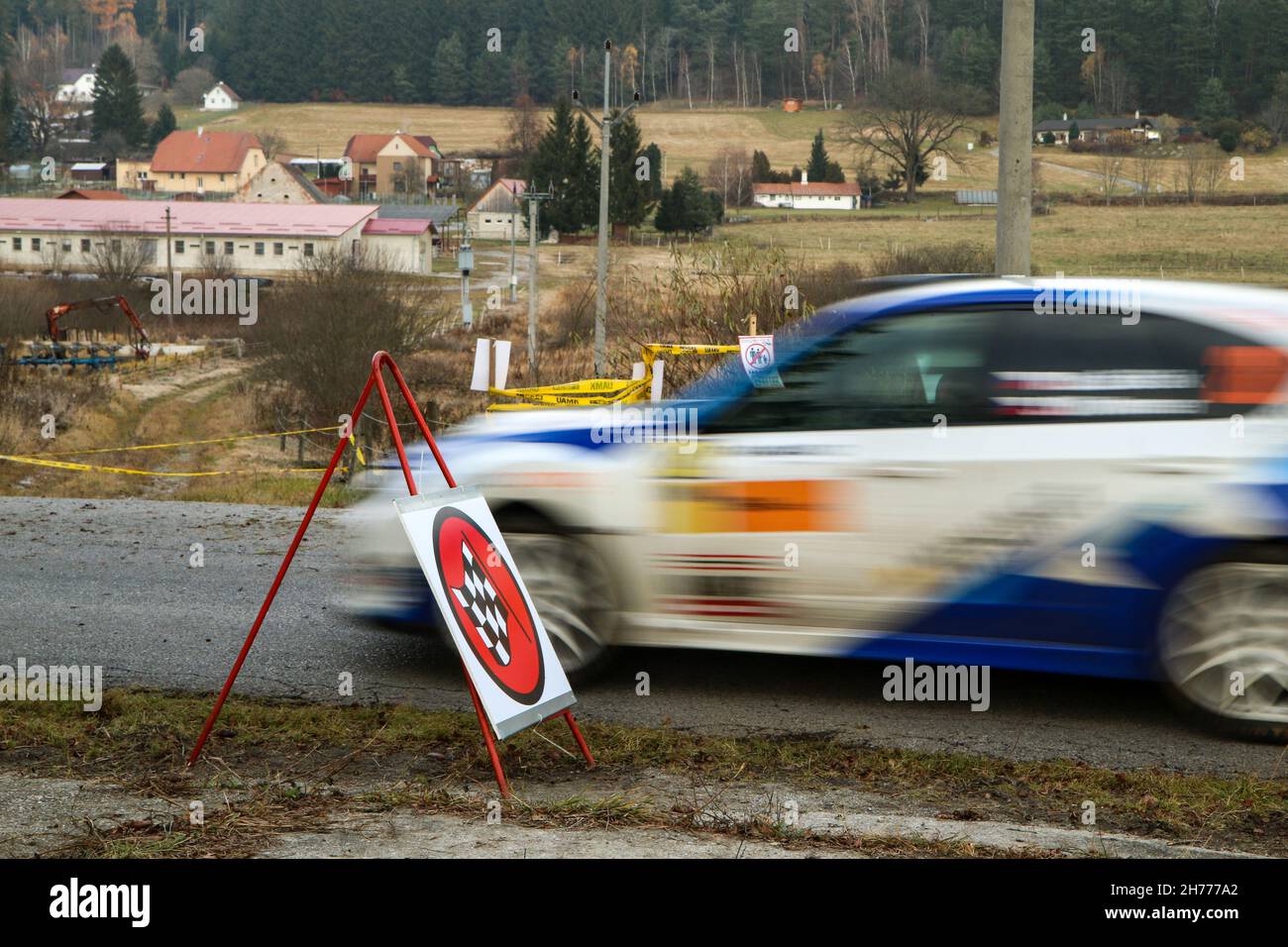 The rally racing car arriving to the finish line of the speed stage ...