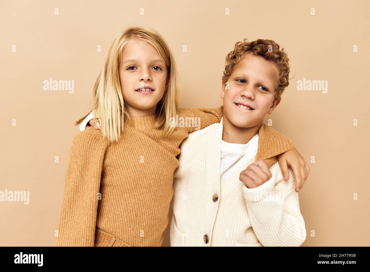 boy and girl hug games smile friendship isolated background Stock Photo ...