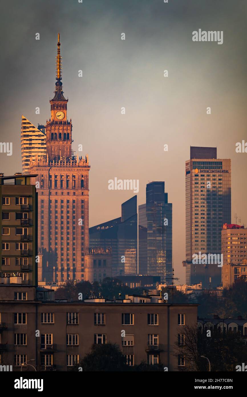 Downtown skyline of Warsaw city in Poland with Palace of Culture and ...