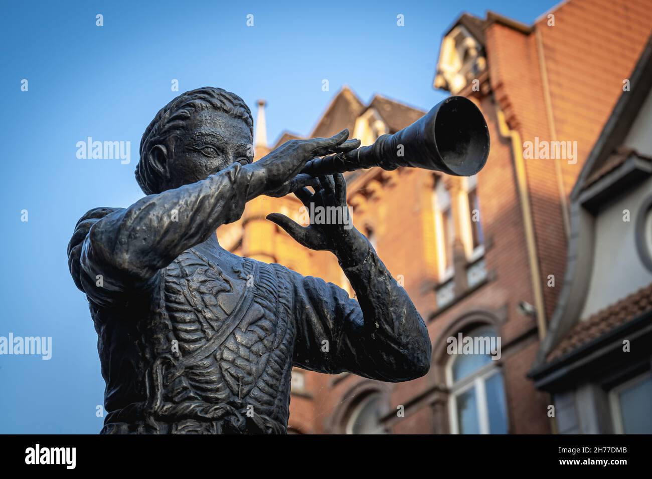 HAMELN, GERMANY - Jun 28, 2020: A closeup of a Rat catcher statue ...