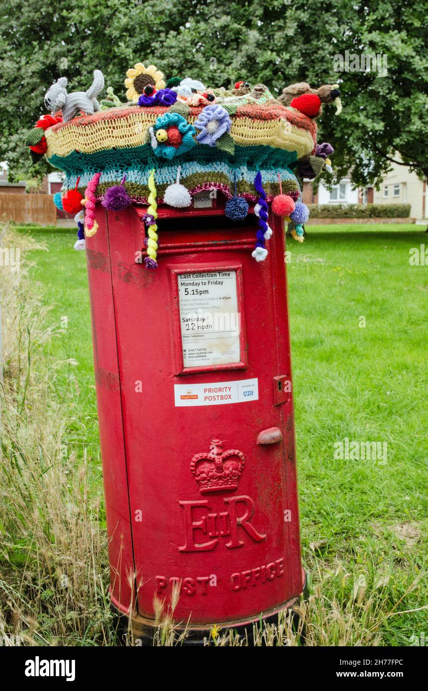 Basingstoke, UK - July 4, 2021: A post office pillar box decorated with ...