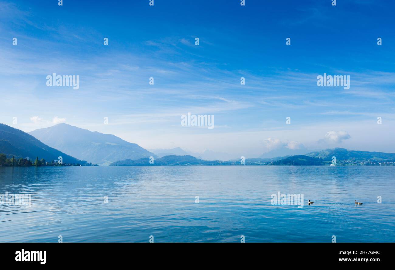 View of Lake Zugersee in the Swiss town of Zug at sunrise in shades of ...