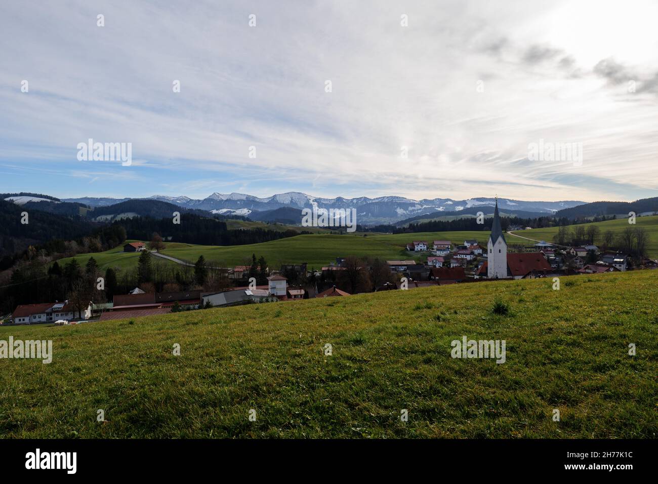 A scenic mountain view of the Alps from the Allgau in southern Germany ...