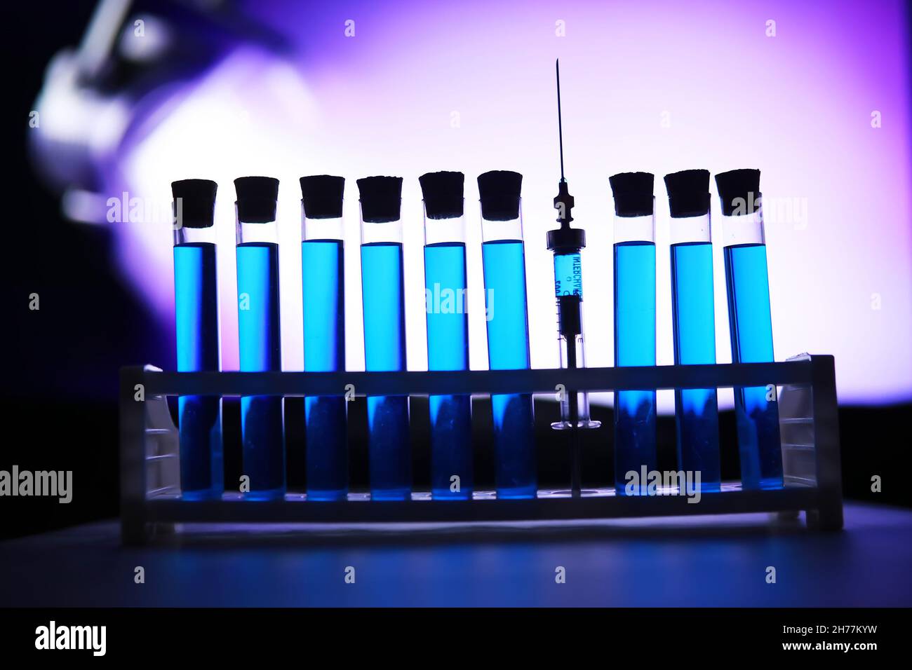 Test tube of glass overflows new liquid solution potassium blue ...