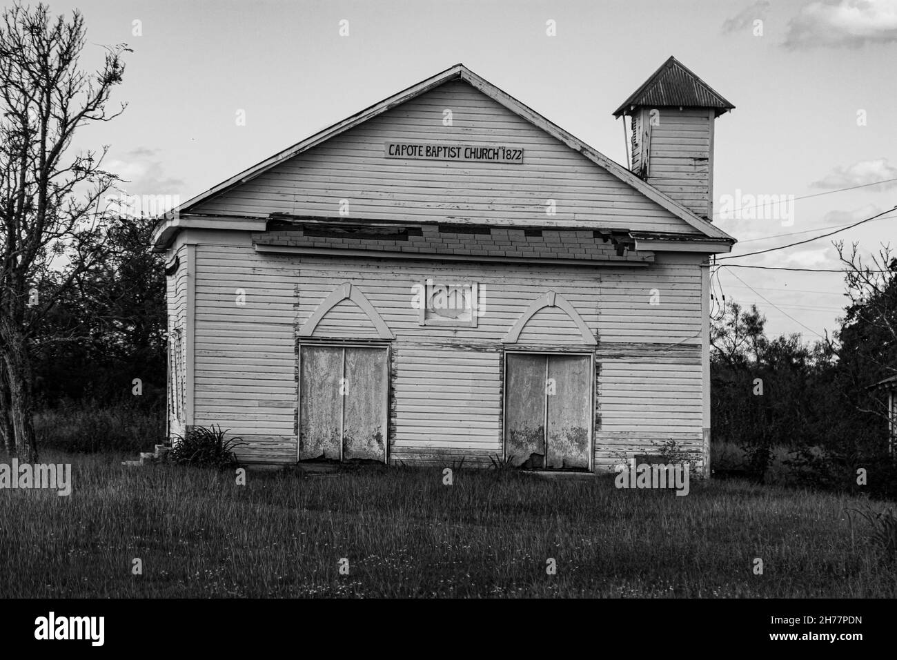 A grayscale of the old capote baptist church on the grassy field in ...