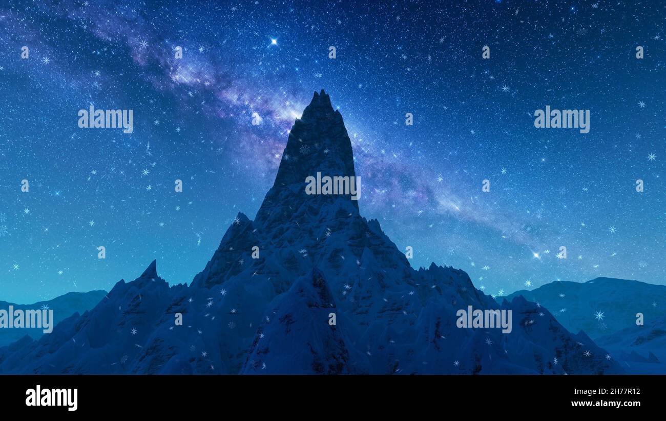 Winter mountain snow fall night Landscape island Starry sky arctic ...