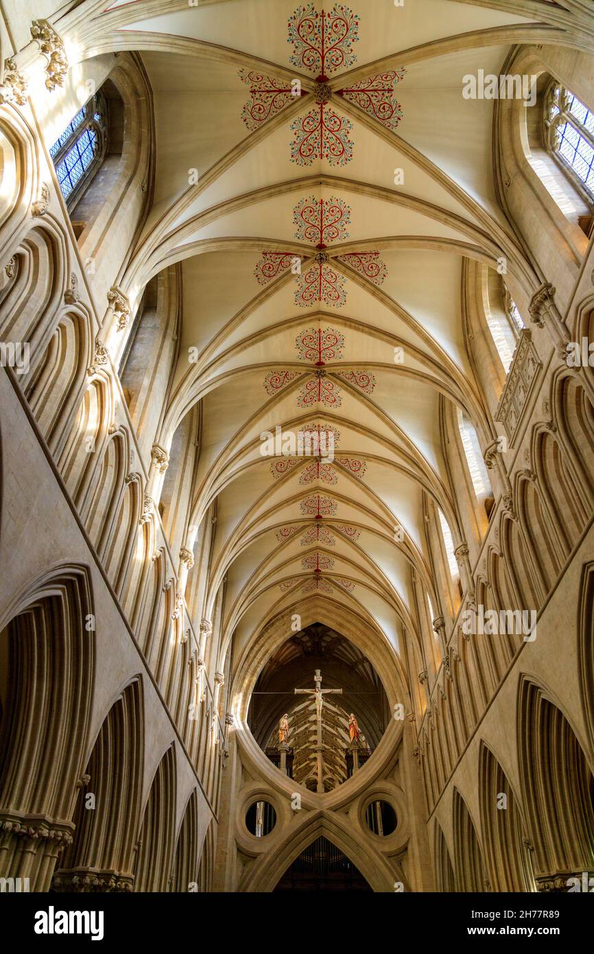 Interior view of Wells Cathedral looking along the nave towards the ...