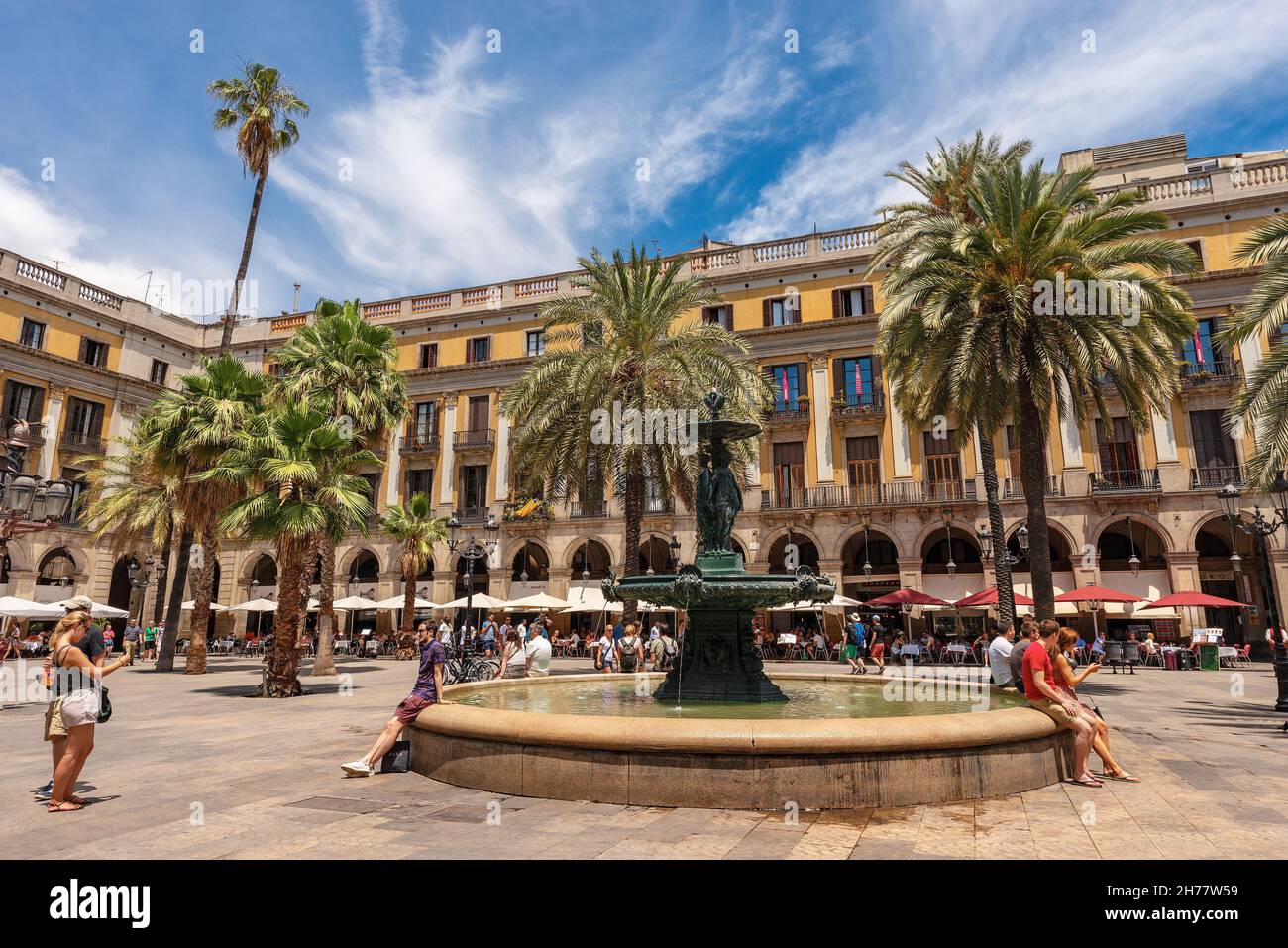BARCELONA, SPAIN - JUNE 13, 2014: Placa Reial or Plaza Real (Royal ...