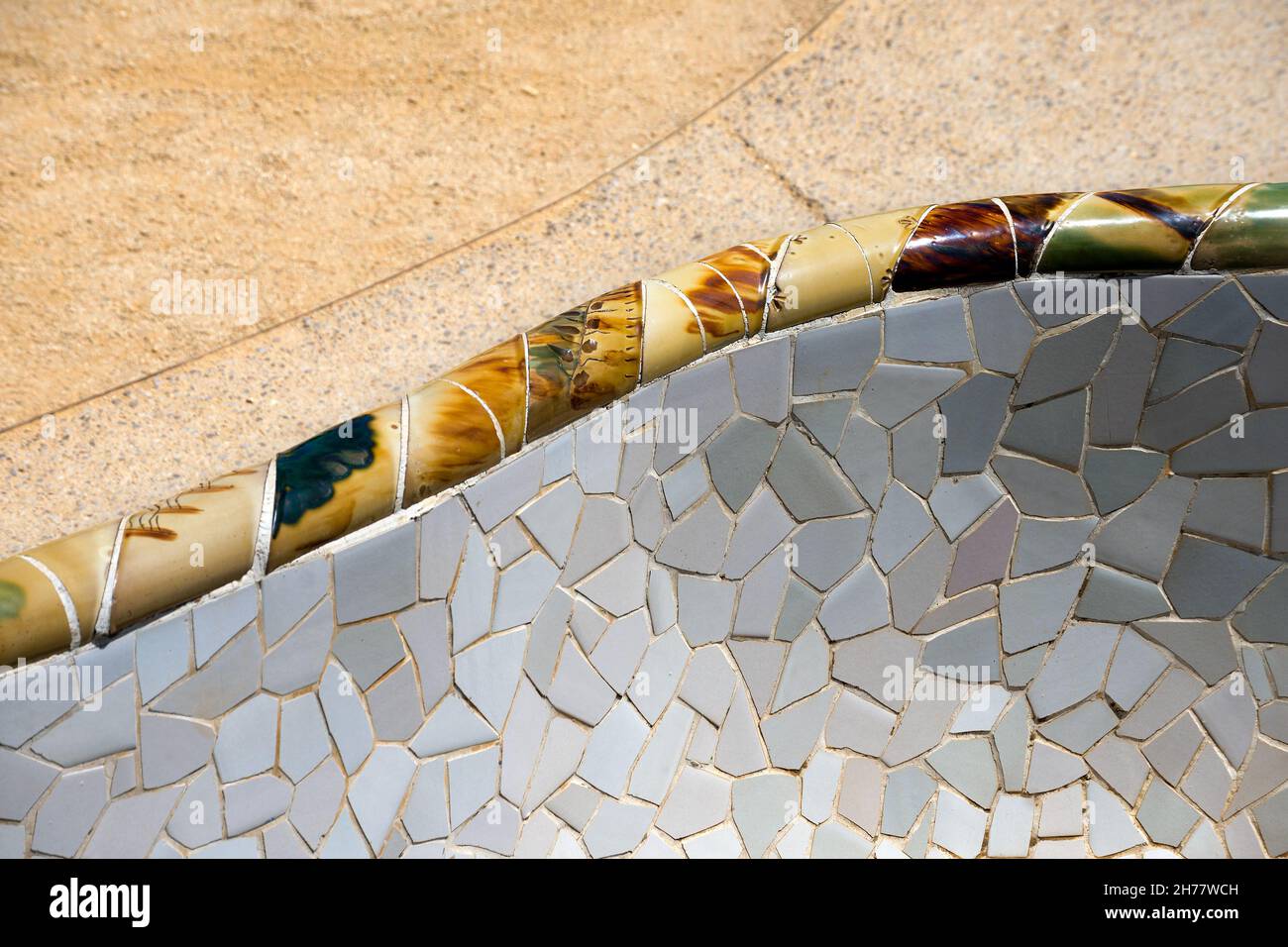 Detail of a ceramic bench in the Park Guell designed by the famous ...