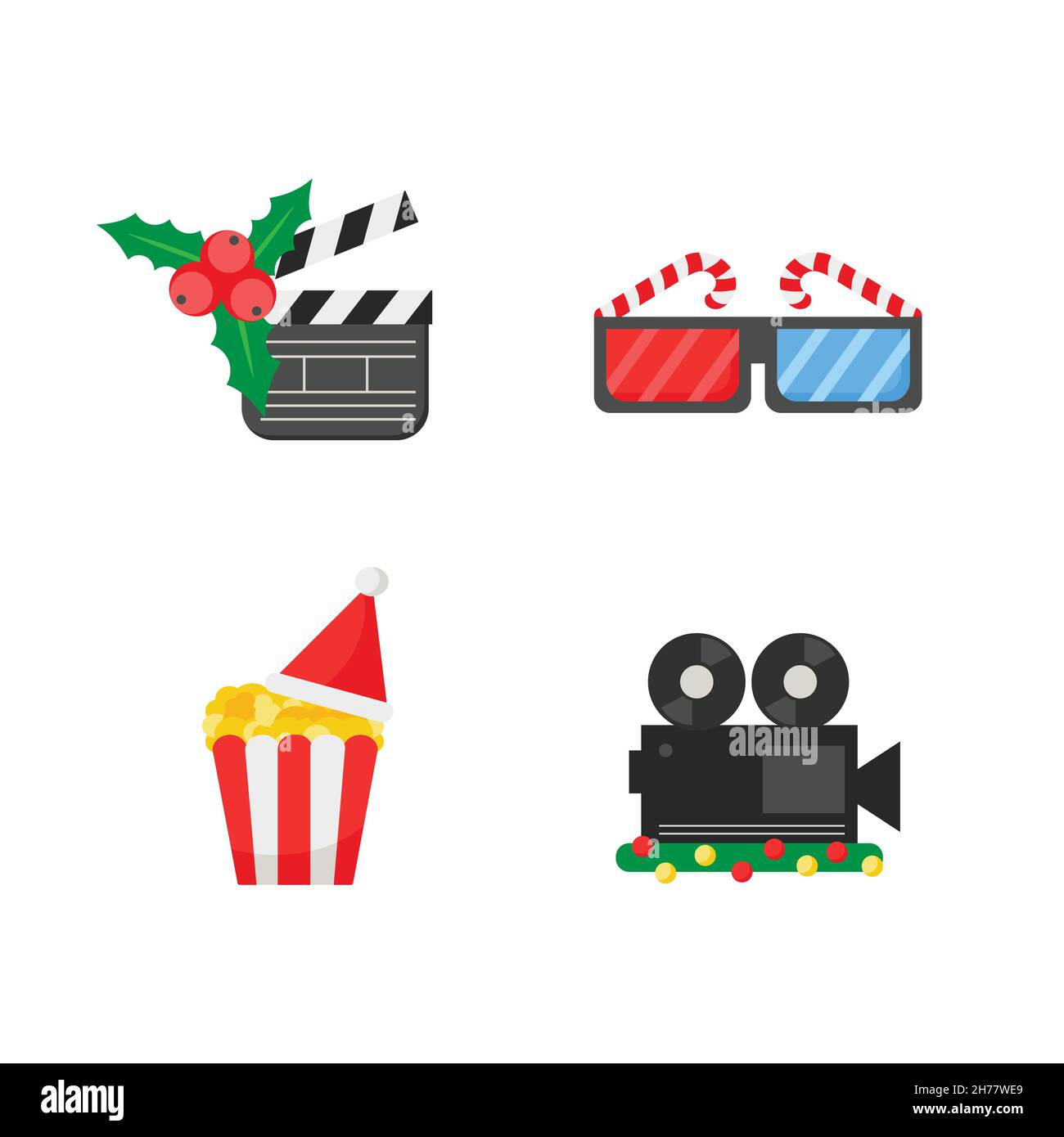 Christmas cinema. Set of Christmas icons - movie theme. Colored cartoon ...