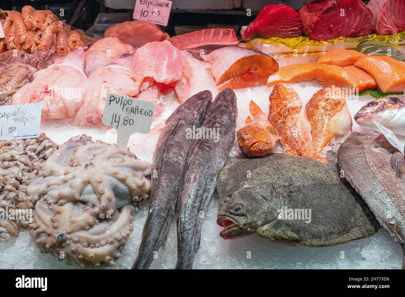 Fresh catch of fish for sale at a market stall in Barcelona, Spain ...