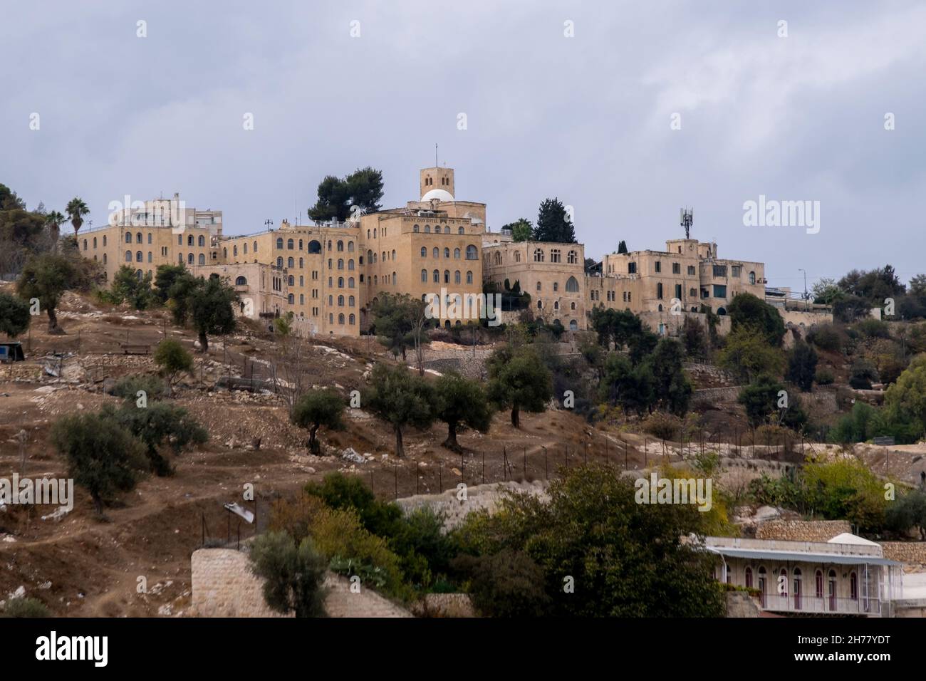 View of Mount Zion hotel located over valley of Hinnom in Jerusalem ...