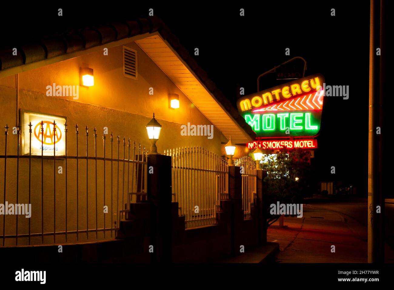 Monterey motel neon sign lit at night on the famous Route 66 central ...