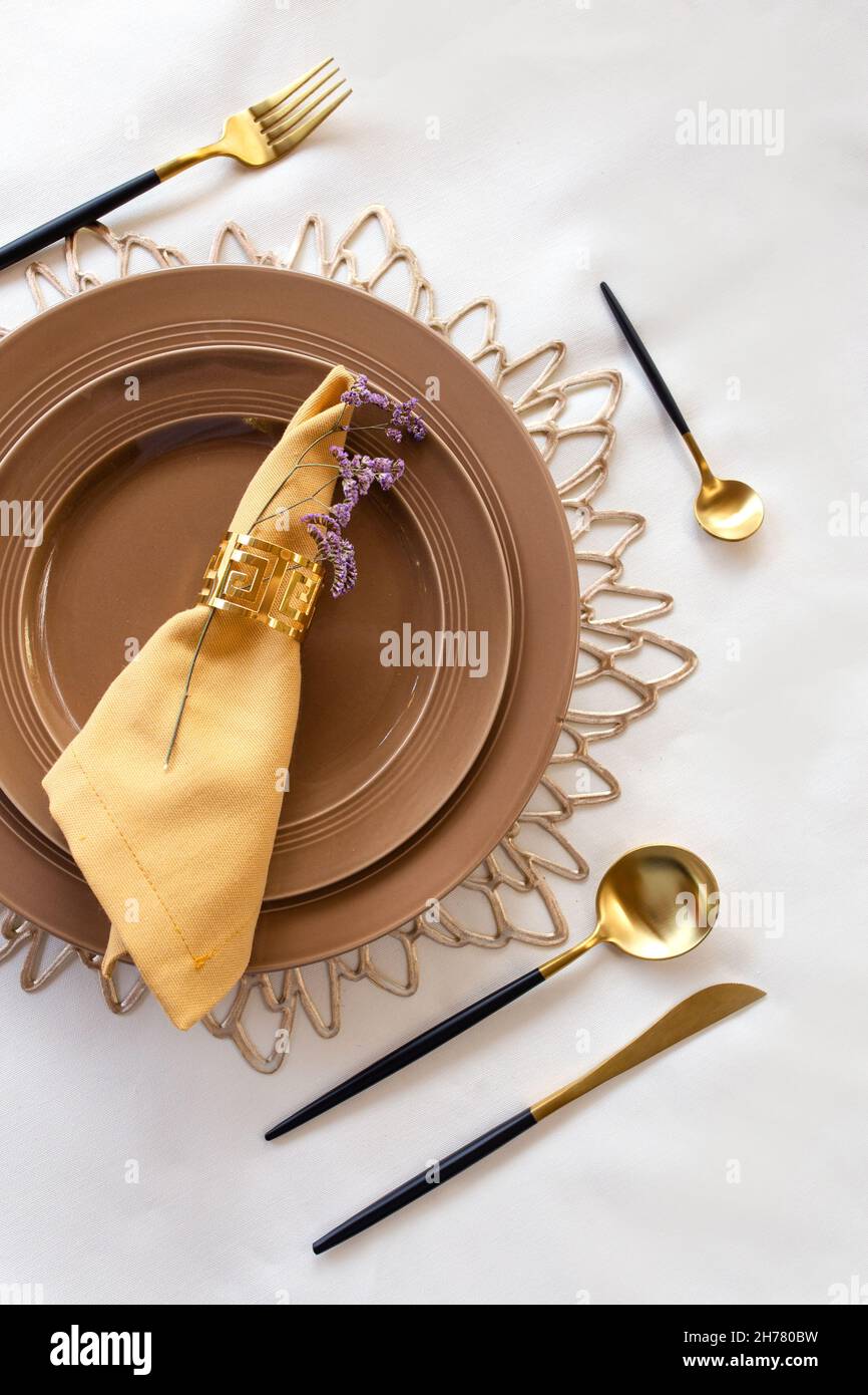 stylish table setting cutlery on the table. top view or flat surface ...