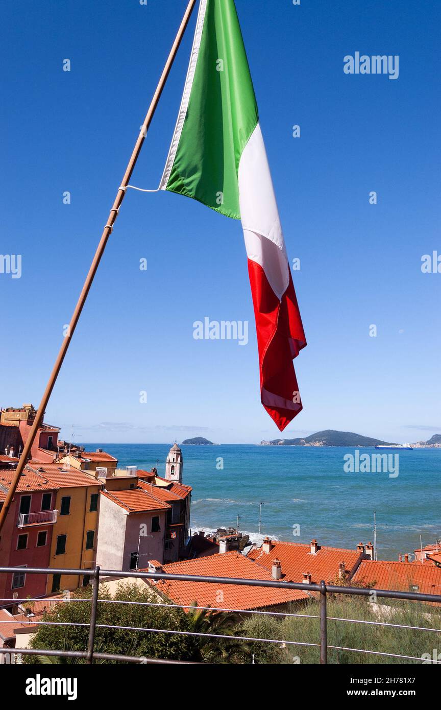 National Italian flag in the small village of Tellaro in the Gulf of La ...