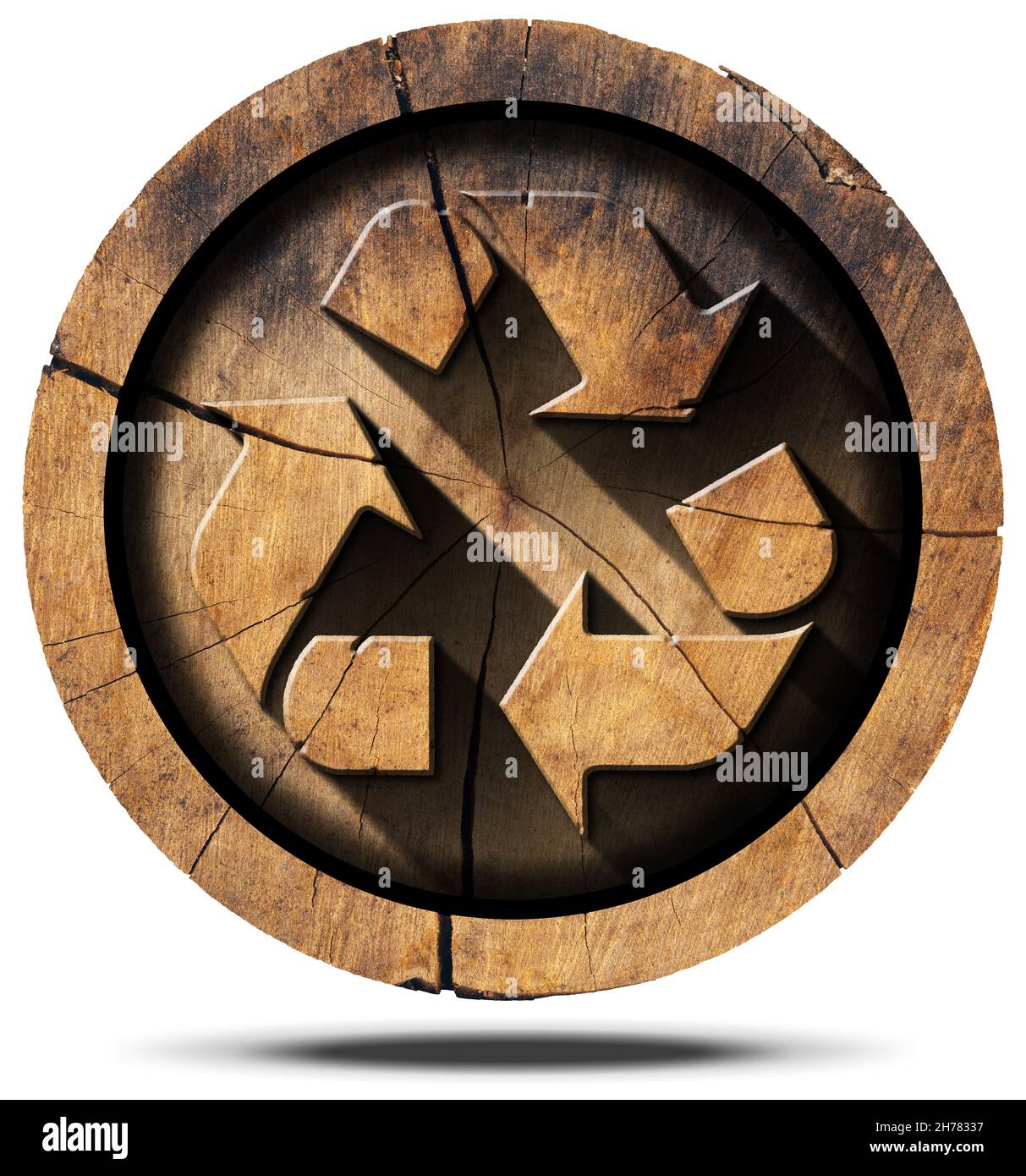 Wooden recycling symbol on a section of tree trunk isolated on white ...