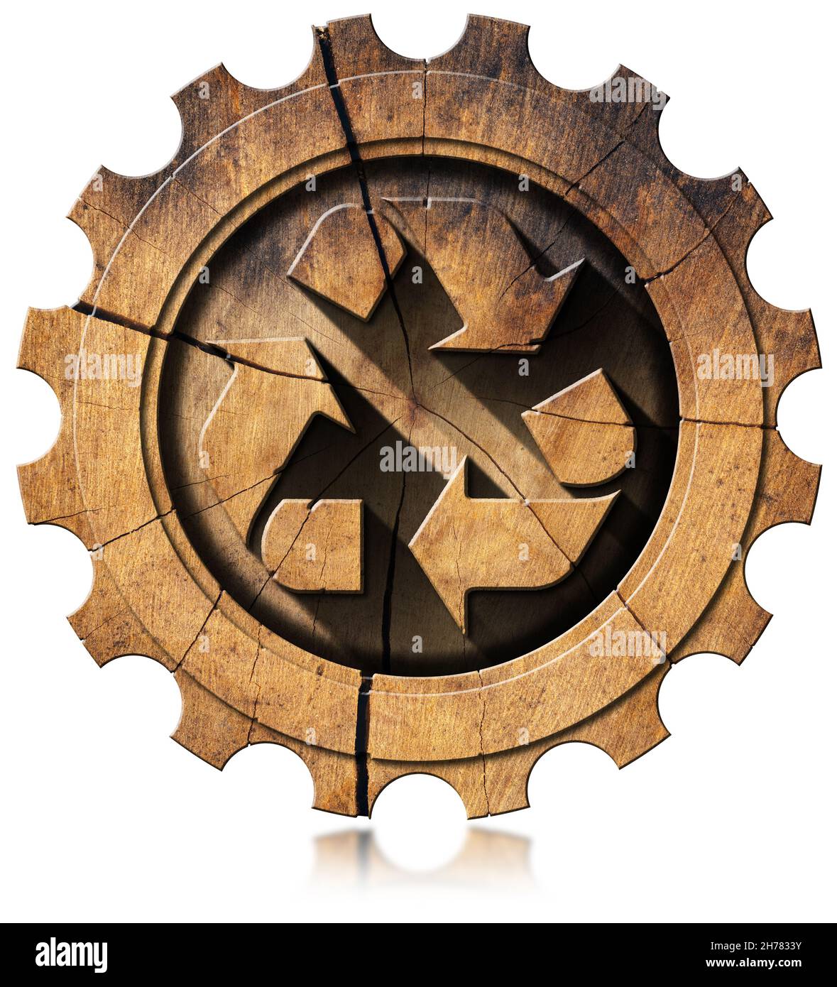 Wooden recycling symbol in a wooden gear. Isolated on white background ...