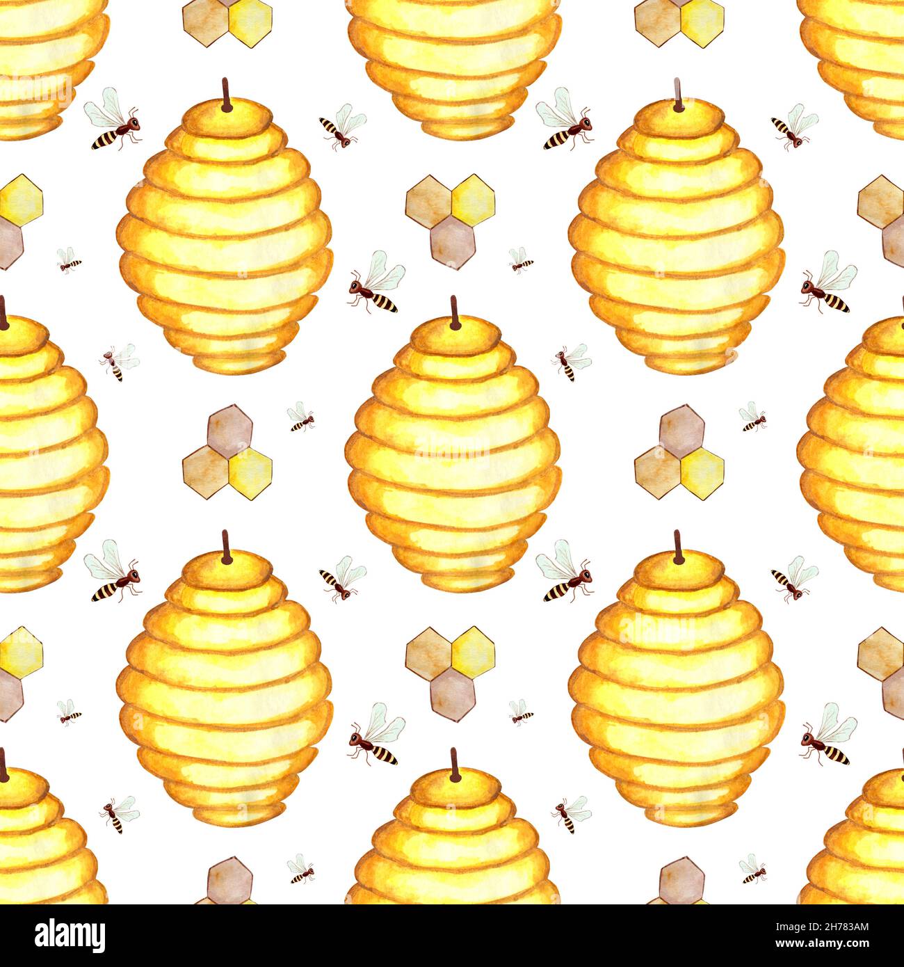 Watercolor painting of bee hives, honeycomb and bees. Seamless ...
