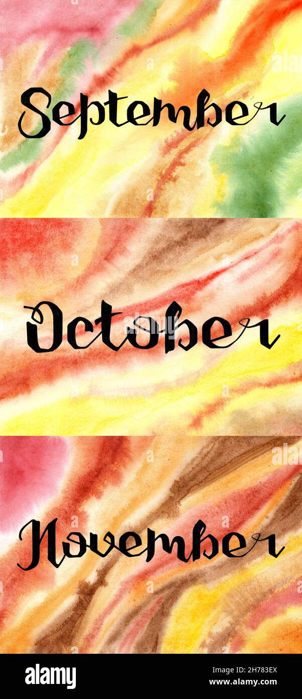 Hand drawn lettering autumn months, September, October, November on a ...