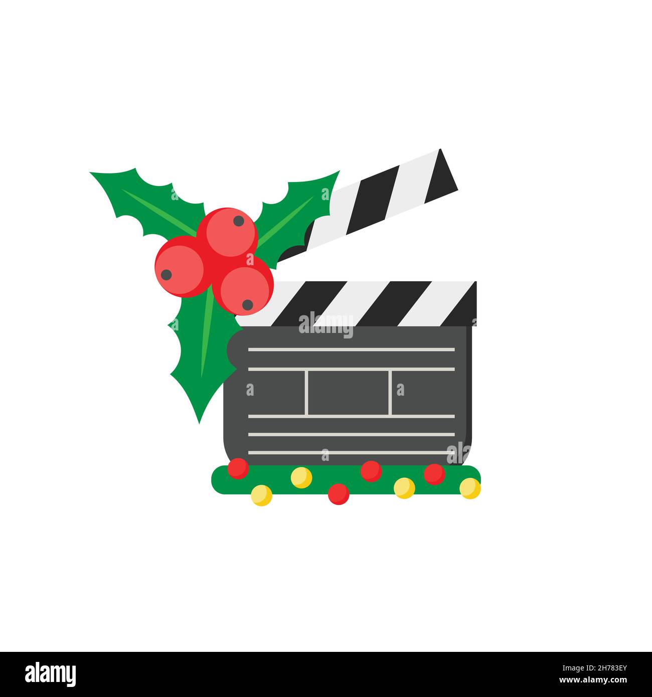 Film clap board cinema sign with holly. Christmas design icon on white ...