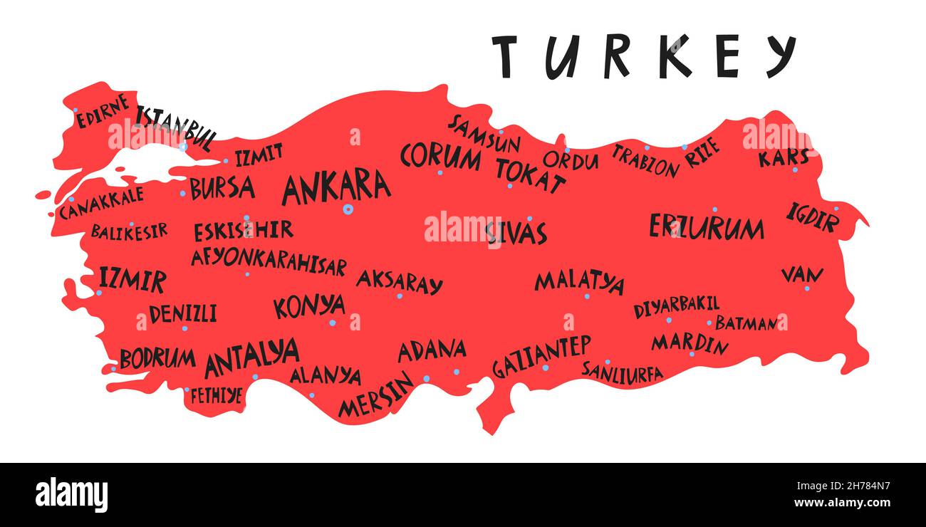 Vector hand drawn stylized map of Turkey cities. Turkey Republic travel ...