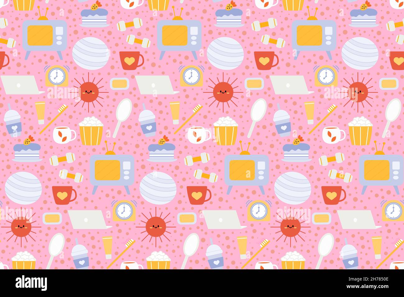 Seamless repeating pattern with cozy household items. Morning and ...