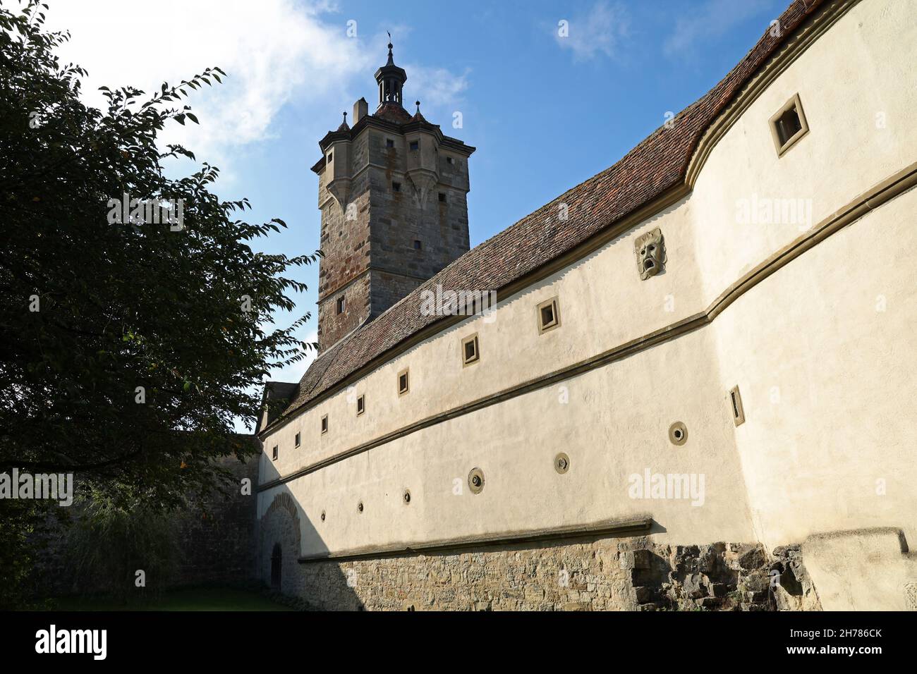The towers and walls of the medieval city of Rothenburg ob der Tauber ...