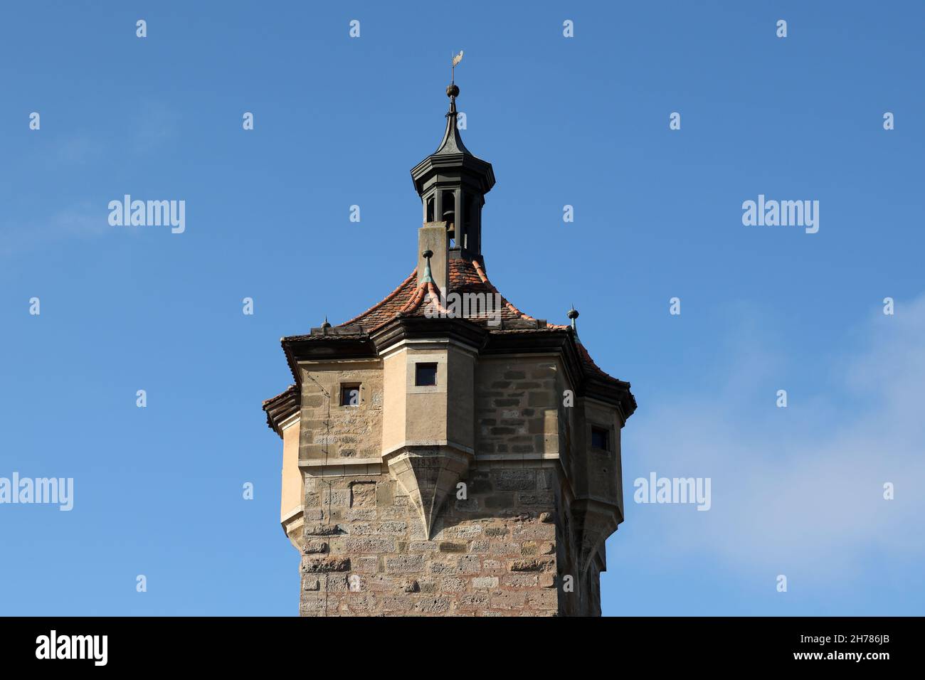 The towers and walls of the medieval city of Rothenburg ob der Tauber ...