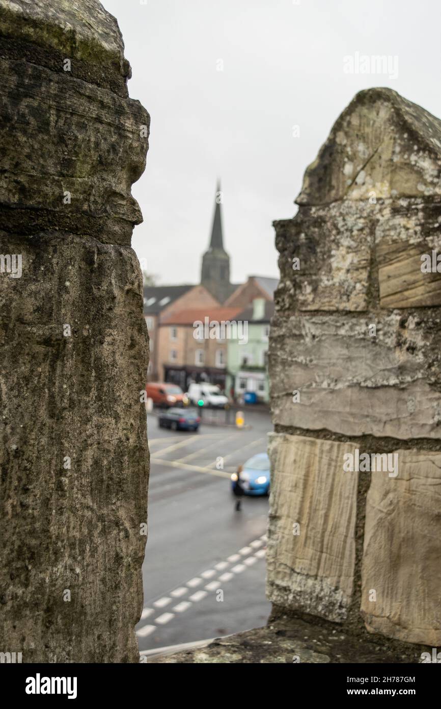 Close view of embrasures of medieval 13th century stone city wall in ...