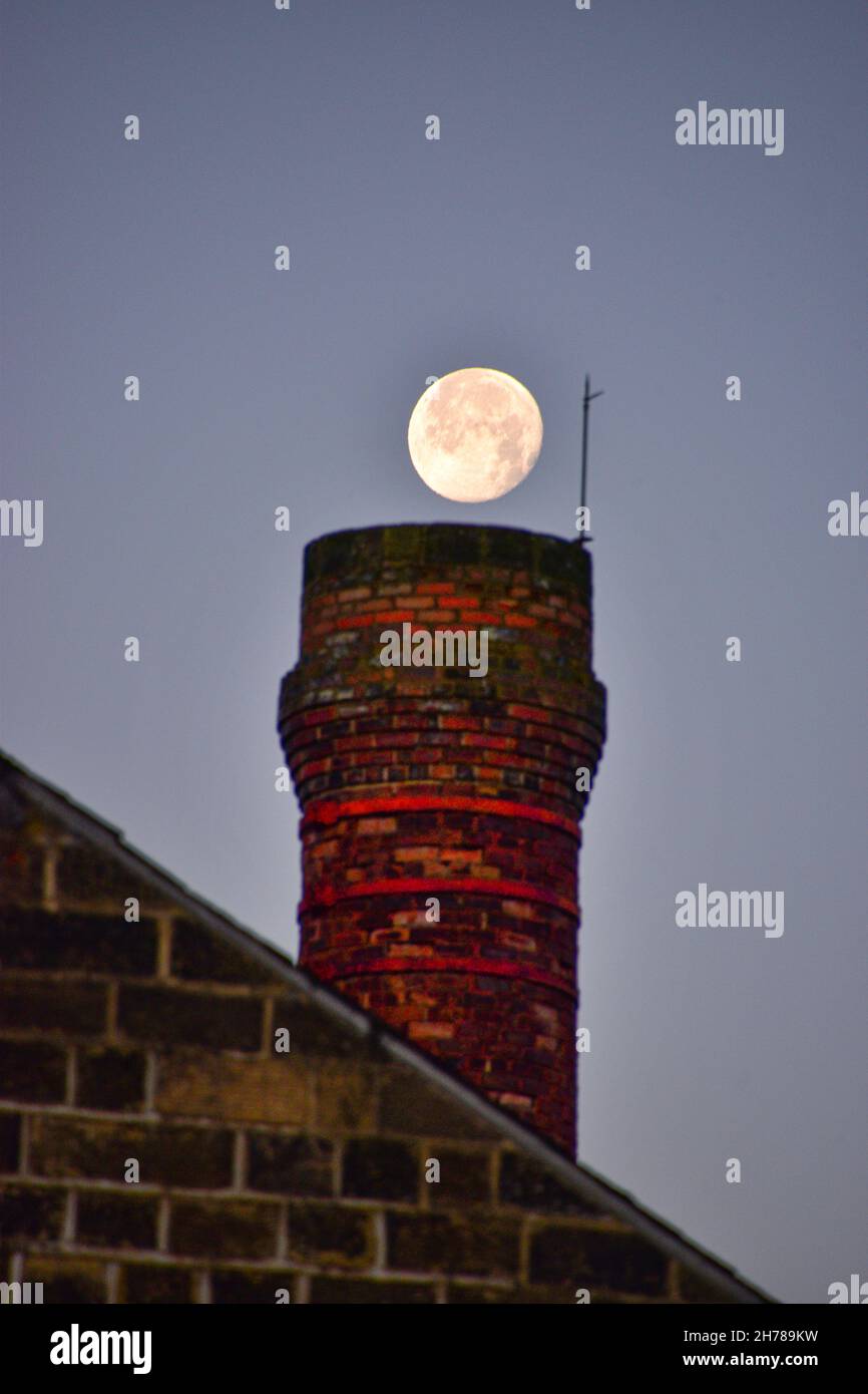Moon rising over mill chimney, Hebden Bridge, Calderdale, West ...