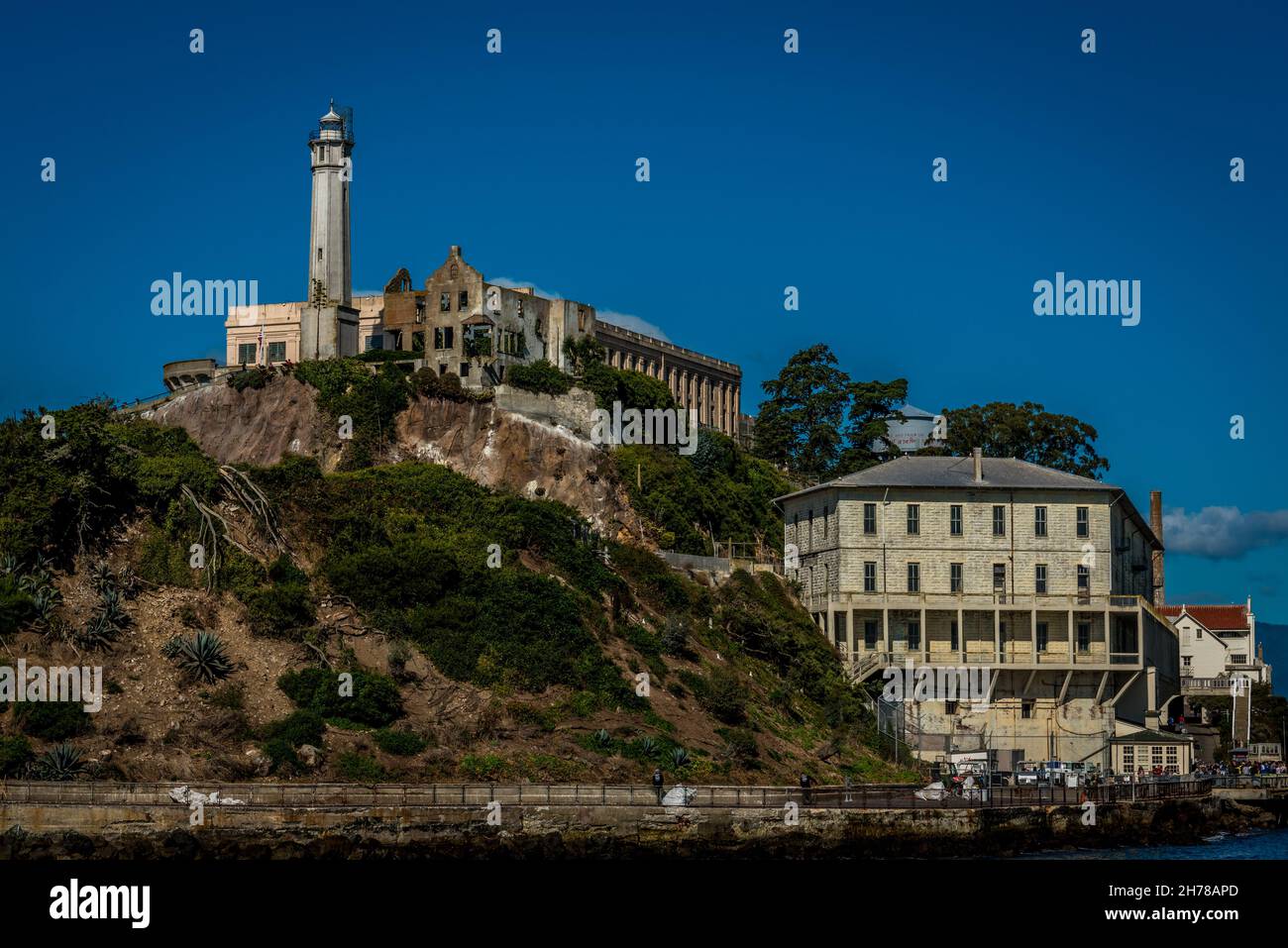 A beautiful scene of a building in Alcatraz Island, USA with a blue sky ...