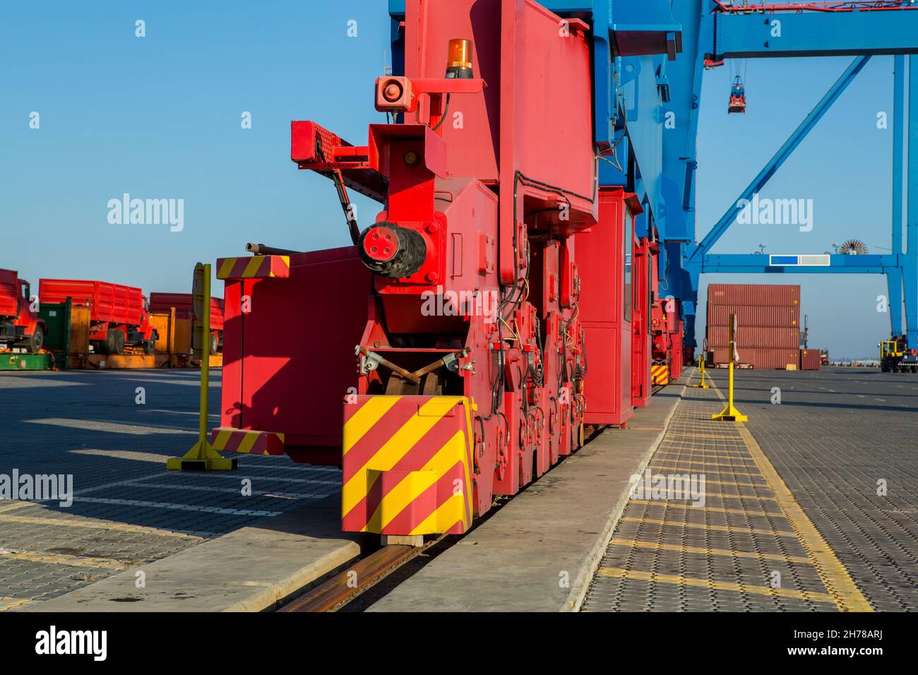 Cranes of container terminal cose up in industrial sea port. industrial ...