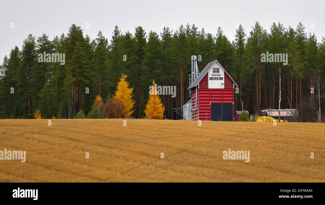 A beautiful view of an agricultural field with a red farmhouse Stock ...